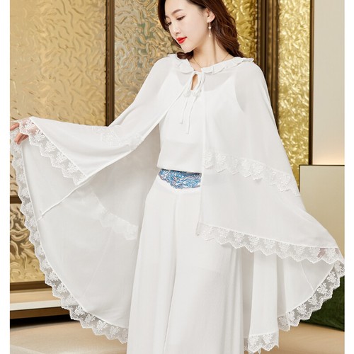 Women Chiffon Cloak Hooded Cape Shawl Wedding Bridal Sheer Ruffle Midi ...
