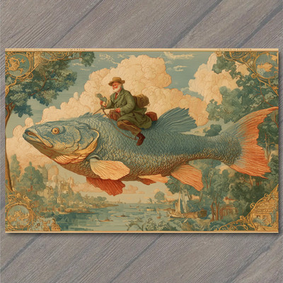 Art Print Bearded Man Riding Giant Fish Sky River Clouds Odd Adventure ...