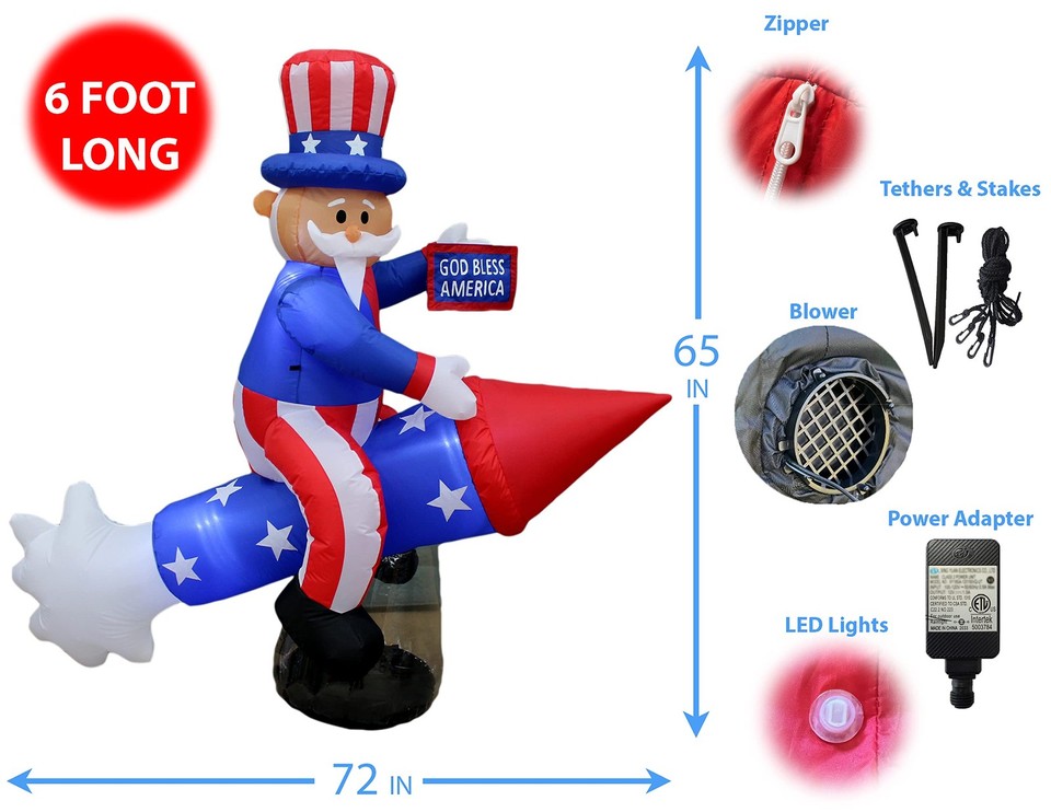 6 Foot Long Patriotic Independence Day Inflatable Uncle Sam on Rocket ...