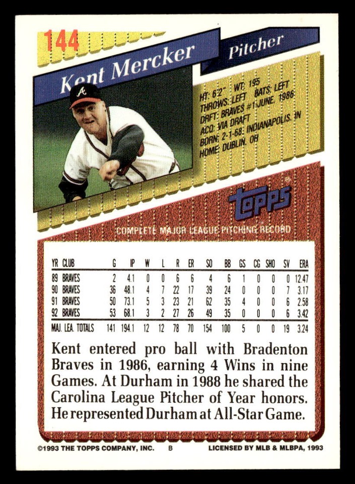 Kent Mercker 1993 Topps Card #144 Atlanta Braves | eBay