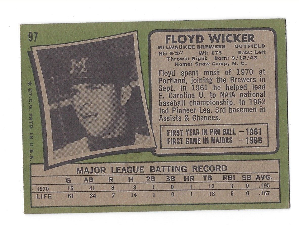 SET BREAK 1971 TOPPS BASEBALL #97 FLOYD WICKER .99 SHIPPING | eBay