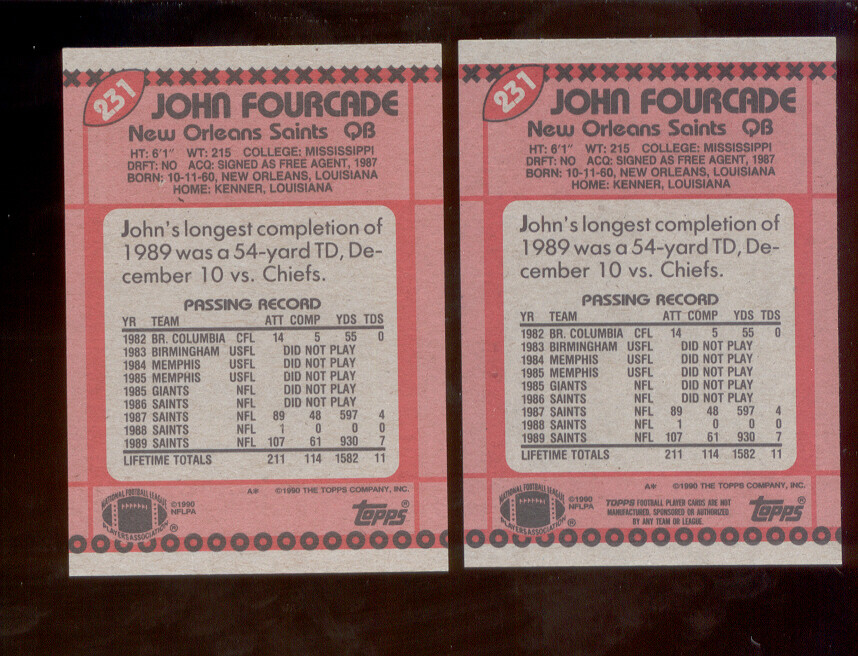 1990 Topps JOHN FOURCADE New Orleans Saints Card Lot both Disclaimer ...