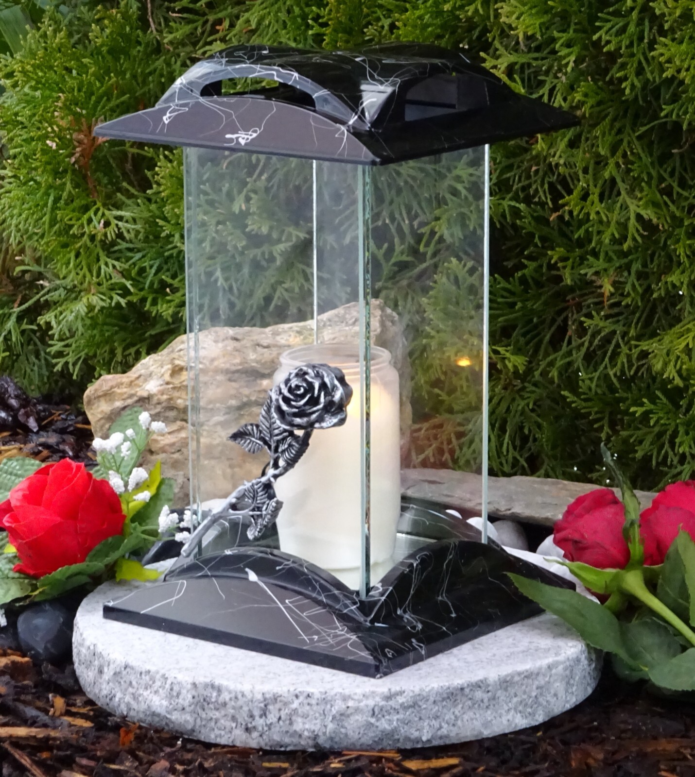Grablampe Grablaterne Grableuchte Grabschmuck Rose Silber Grablicht ...