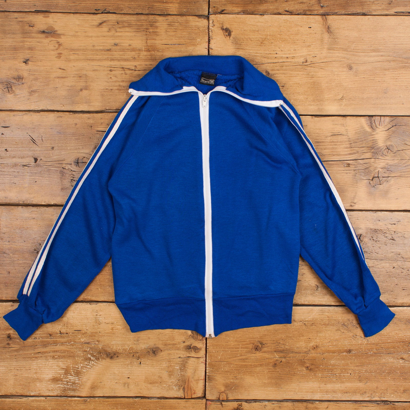 Vintage Sears Track Jacket M 70s Two Stripes Blue Wom… - Gem