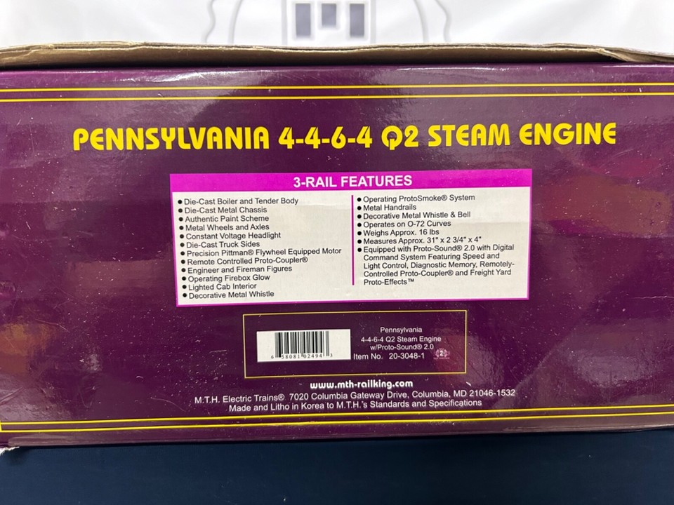Mth Pennsylvania #6193 4-4-6-4 Q2 Steam Engine w/ Protosound 2 20-3048 ...