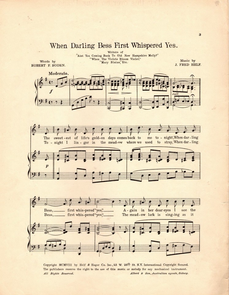 When Darling Bess First Whisper Yes, F. Fred Helf, 1908 Antique sheet ...