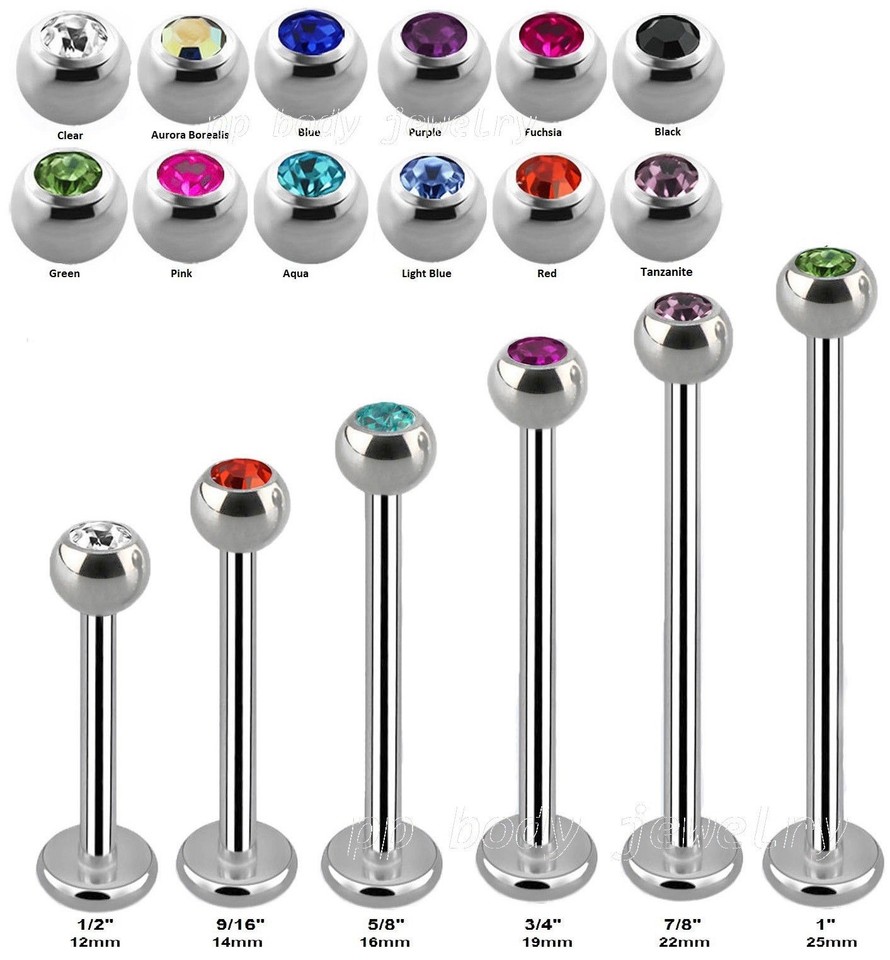 2pcs. 4mm Gem Top Labret Cheek Piercing 316L Surgical Steel 16G 14G 1/2 ...