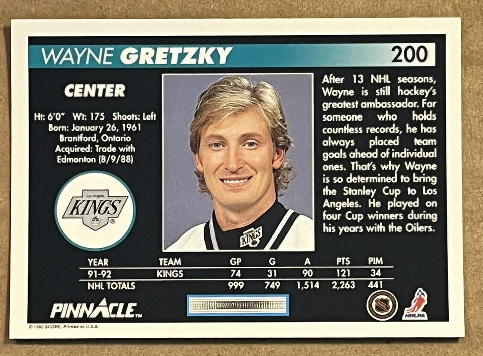 1992-93 PINNACLE - WAYNE GRETZKY KINGS #200 | eBay