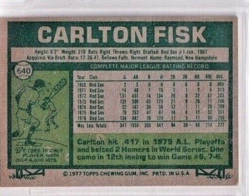 Carlton Fisk 1977 Topps ML Baseball Card #640 BR Sox | eBay