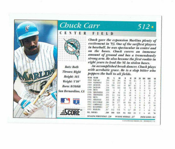 Chuck Carr Florida Marlins Rookie CF #512 Score 1992 #Baseball Card | eBay