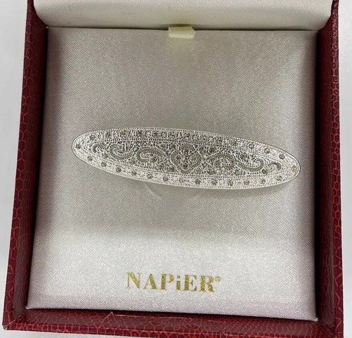 Napier brooch silver tone w/rhinestones. oval shaped. NWT original box ...