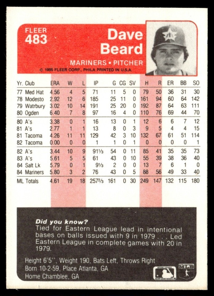 1985 Fleer #483 Dave Beard Seattle Mariners | eBay