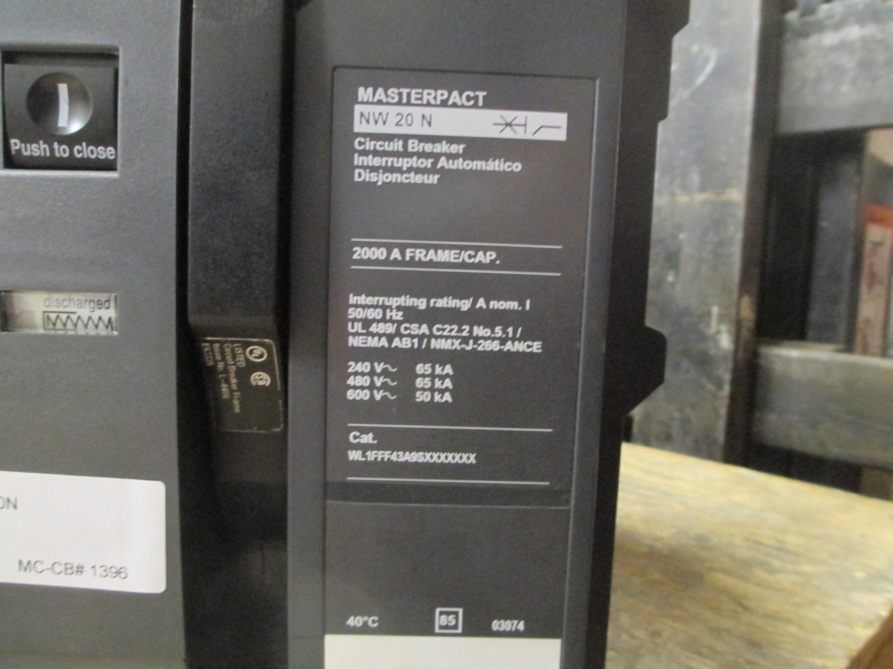 Sq D NW20N Masterpact Breaker 2000A Frame 2000A Rated 600V MO/FM 6.0A ...