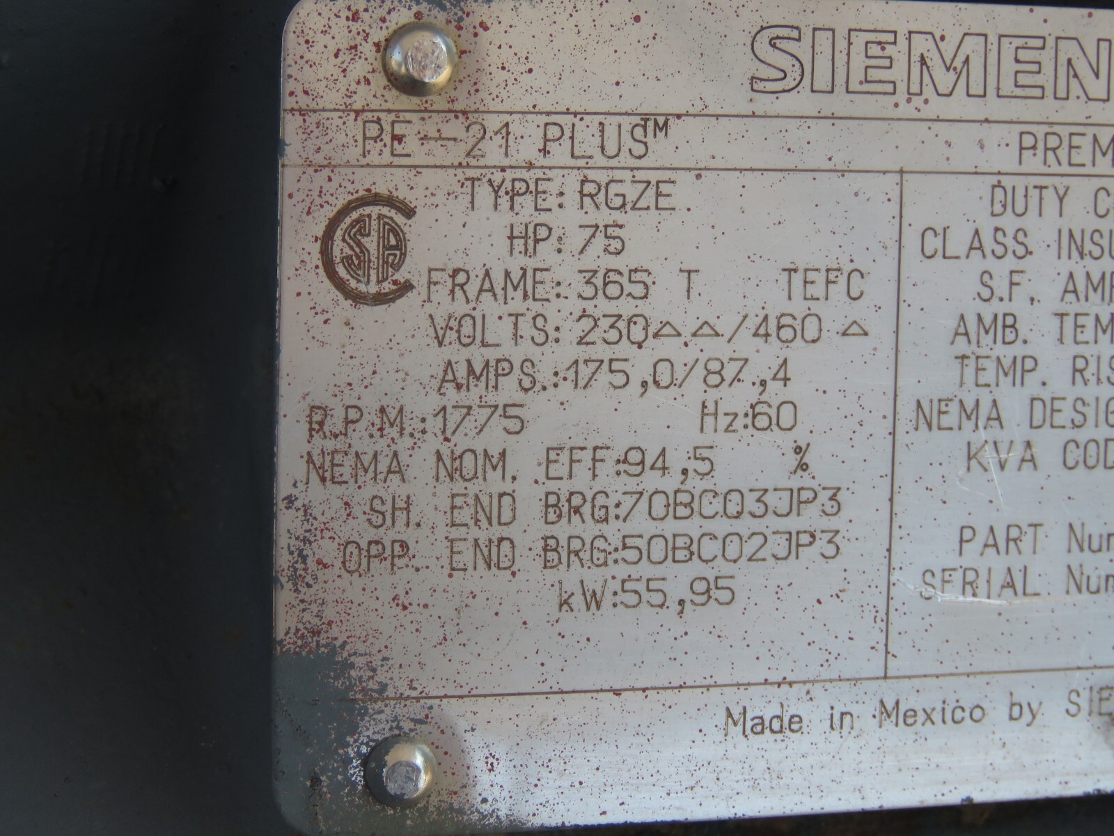 SIEMENS 75HP 230/460V FRAME 365T RPM 1775 MOTOR RGZE NEW OLD STOCK | eBay