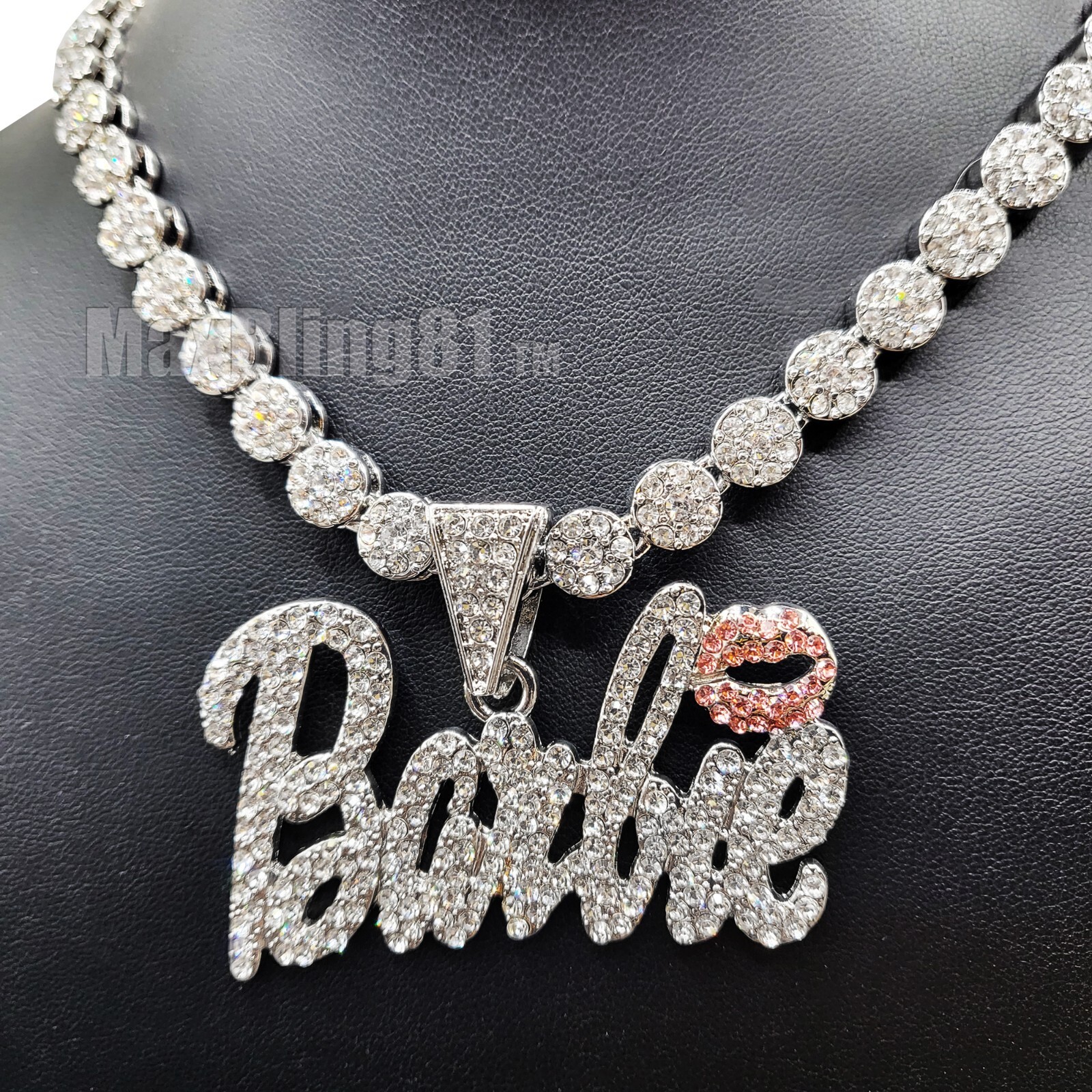 Gold Plated Large Barbie Pendant 18" Iced Flower Cubic Zirconia Chain ...