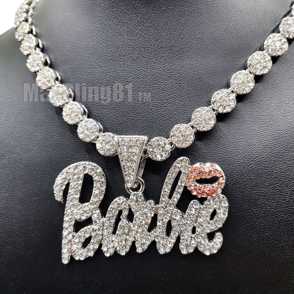 Gold Plated Large Barbie Pendant 18" Iced Flower Cubic Zirconia Chain ...