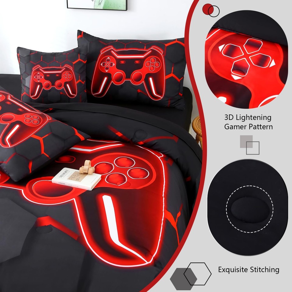 6 Pieces Kids Gaming Bedding Set Black and Red Twin Comforter Set for ...