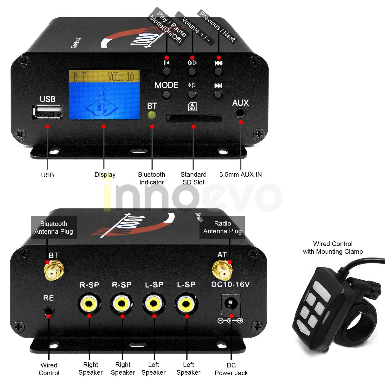 1000W Amp Motorcycle ATV UTV RZR Bluetooth Audio Stereo Radio System ...