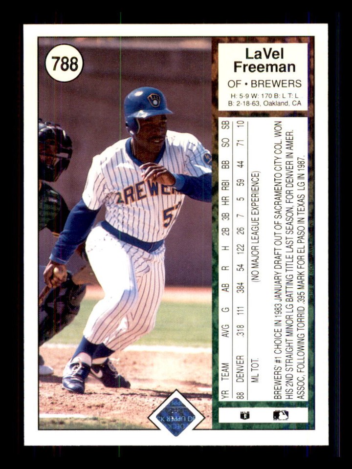 1989 Baseball 1989 Upper Deck LaVel Freeman Milwaukee Brewers #788 RC1 ...