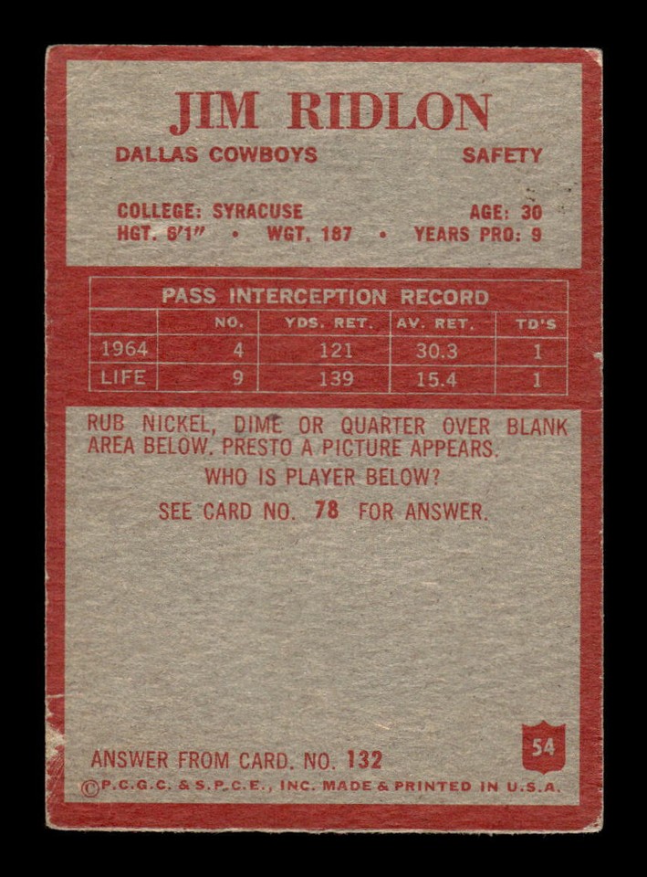 1965 Philadelphia Football #54 Jim Ridlon Dallas Cowboys | eBay