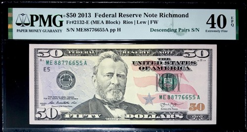 2013 $50 FEDERAL RESERVE NOTE-DESCENDING PAIRS LADDER #88776655-PMG ...