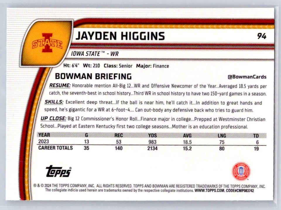 2024 Bowman U Chrome - Jayden Higgins - Iowa State Cyclones - Prospect ...