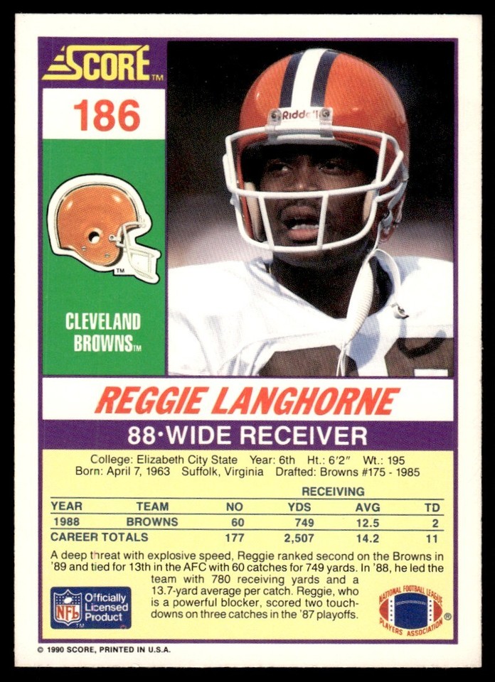1990 Score Reggie Langhorne Cleveland Browns #186 | eBay