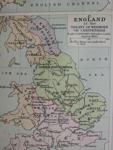 1911 MAP ~ ENGLISH CONQUEST BRITAIN NORMAN TREATY OF WEDMORE 8th ...