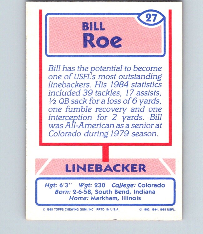 1985 TOPPS USFL FOOTBALL #27 BILL ROE NRMT/MT HB | eBay