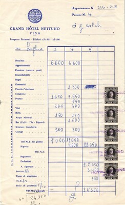 Grand Hotel Nettuno Pisa 1962 Italy Receipt | eBay