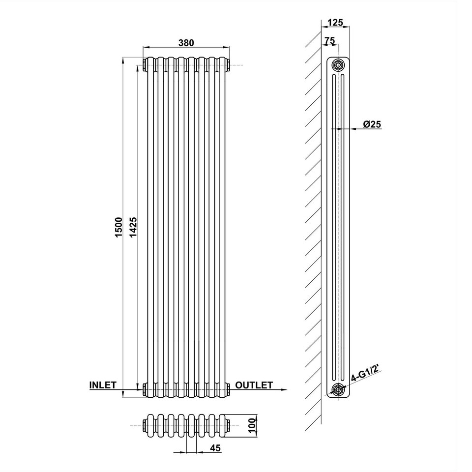 2 3 Column Cast Iron Style Radiator Vertical Horizontal Central Heating ...