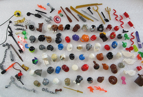 LEGO 120 Minifigures Accessories Mixed Lot HATS WEAPONS HAIR TRIDENT ...