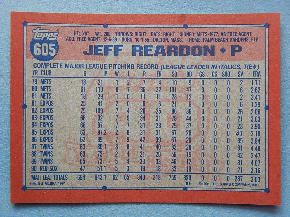 Jeff Reardon #605 Topps 1991 Baseball Card (Boston Red Sox) | eBay