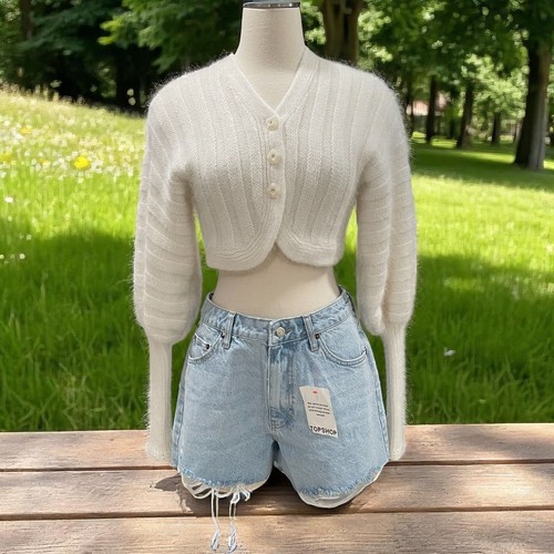 Moda International Angora Cropped Cardigan XS White Knit Softcore ...