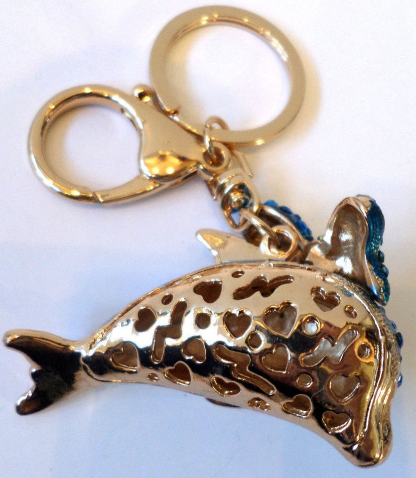 Rhinestone Bling Key Chain Fob Phone Purse Charm Blue Dolphin With Bow ...