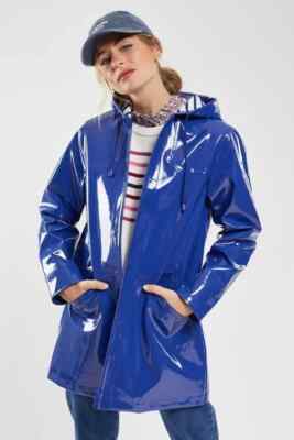 Women's Blue PVC Vinyl Jacket Hoodie Coat Raincoat Waterproof Casual ...