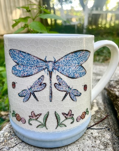 Seeds & Sunshine Dragonfly Floral Large Coffee Tea Cup Mug Blue White ...