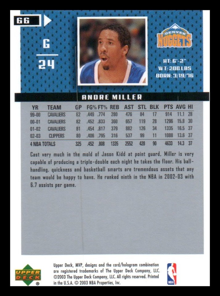 2003-04 Upper Deck MVP #66 Andre Miller NBA Basketball L.A. Clippers | eBay
