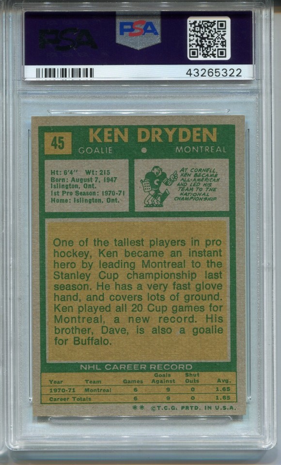 1971 Topps Hockey #45 Ken Dryden Rookie Card RC Graded PSA 10 Gem Mint ...
