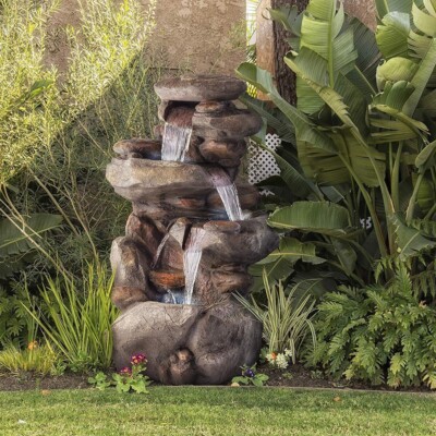 Rock Water Fountain 4Tier LED Lights Zen Garden Waterfall Stone Decor ...