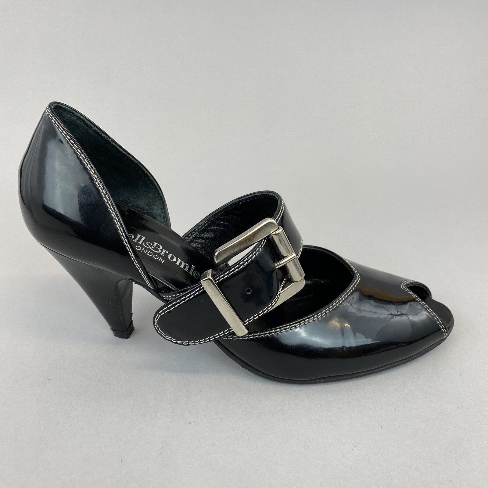 Russell & Bromley Black Patent Mary Jane Buckle Open Toe Court Shoes 37 ...