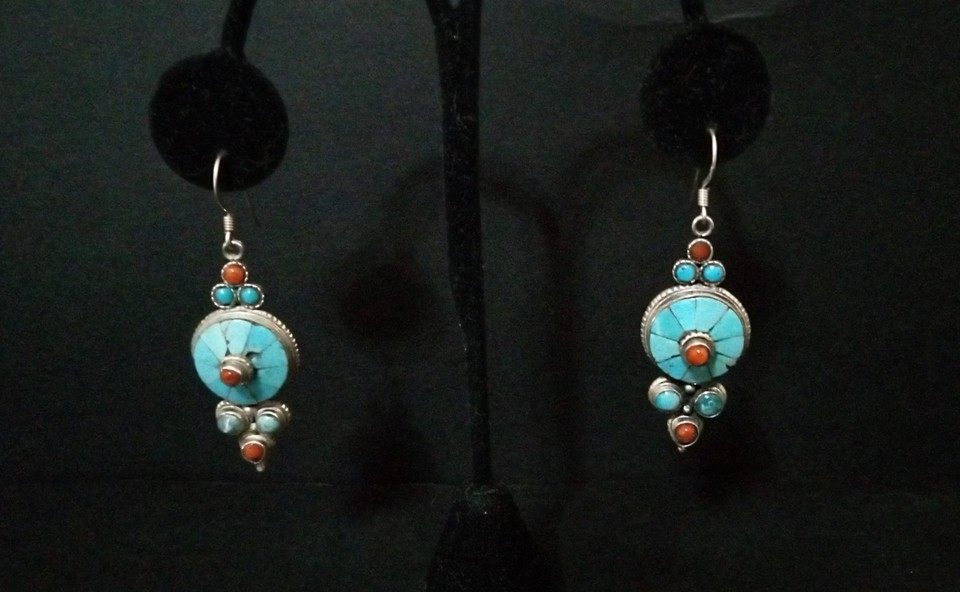 Vintage Mosaic Turquoise & Red Coral Sterling Silver .925 Dangle ...