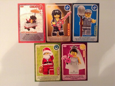 5x LEGO Create trading cards - Hot Dog Stand, Rock Star, Janitor, Santa ...