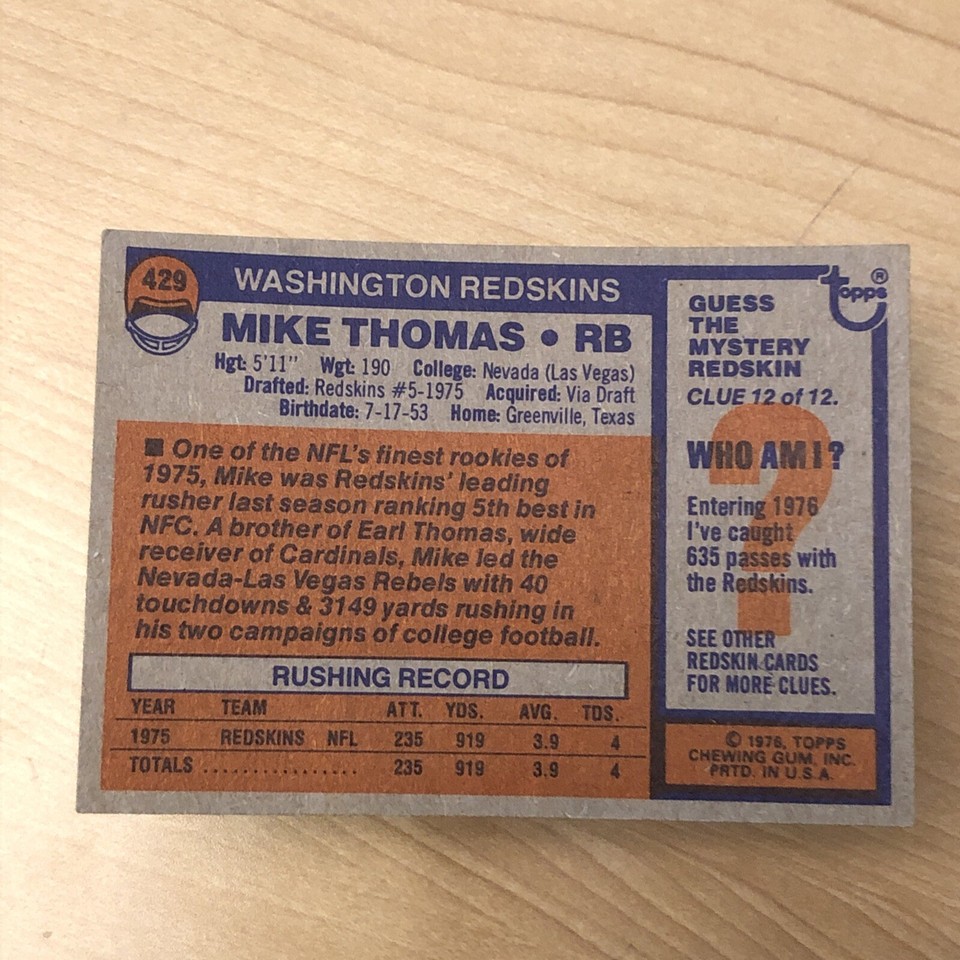 1976 TOPPS MIKE THOMAS #429 WASHINGTON REDSKINS FOOTBALL CARD | eBay