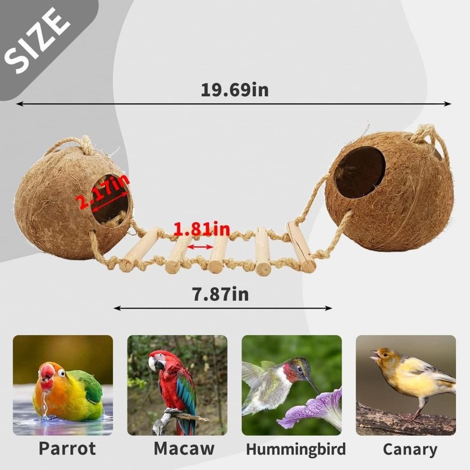 Natural Coconut Hide with Ladder Perches Hanging Bird House Toy for ...