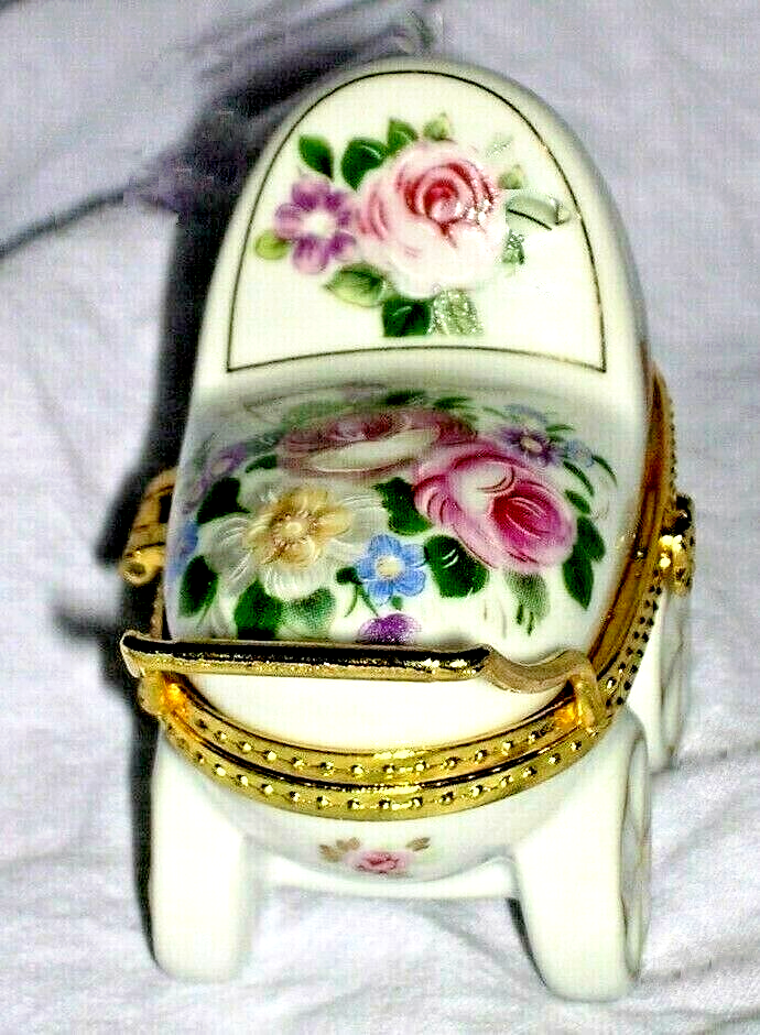 Baby Carriage Stroller Jewelry Trinket Box Gold Handle Floral Porcelain ...