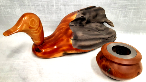 LOT 2 Vintage Artisan Burned Carved Wood DUCK Decoy Sculpture Flower ...