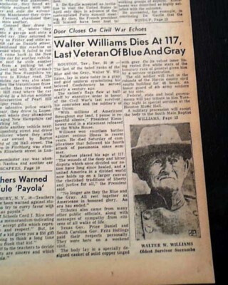 WALTER WILLIAMS Last Surviving American Civil War Veteran Death 1959 Newspaper | eBay