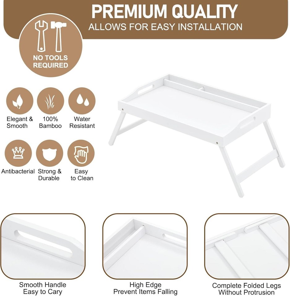 Bamboo Wooden Bed Tray With Folding Legs Serving Breakfast Lap Table White | eBay UK