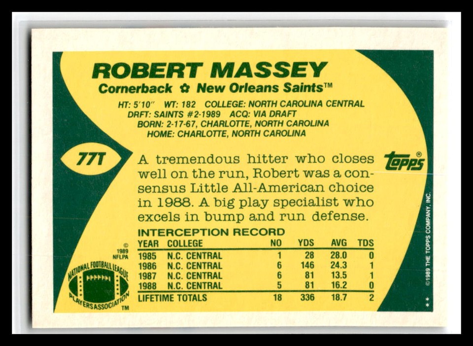 1989 Topps Traded #77T Robert Massey New Orleans Saints | eBay